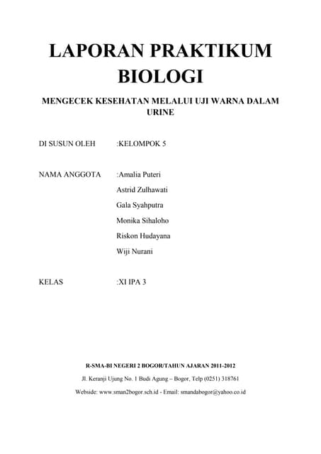 Laporan Praktikum Biologi "UJI KANDUNGAN URIN" | DOCX