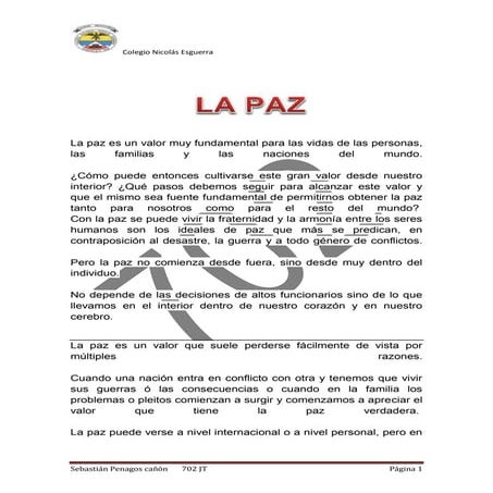 La paz es un valor muy fundamental para las vidas de las personas | PDF