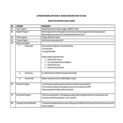Laporan bengkel SPM Skor A | PPT