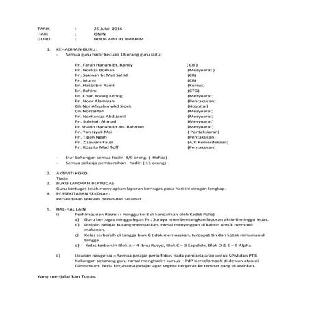 Laporan bertugas harian isnin | PDF