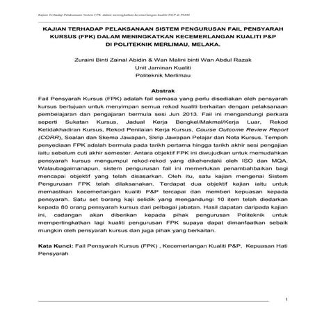 KAJIAN PELAKSANAAN SISTEM PENGURUSAN FAIL PENSYARAH KURSUS (FPK) | PDF