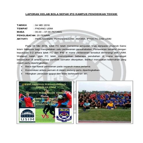 Laporan aktiviti kelab bola sepak ipgkpt | DOCX