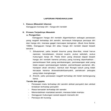Laporan Pendahuluan Jiwa - Harga Diri Rendah | DOC