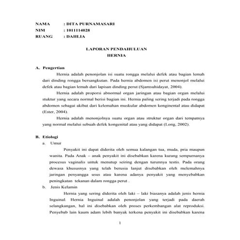 Laporan pendahuluan hernia | DOC