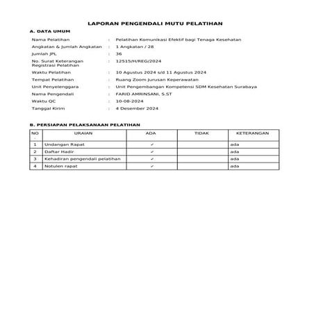 Lap pengendali mutu pelatihan di prodi s | PDF