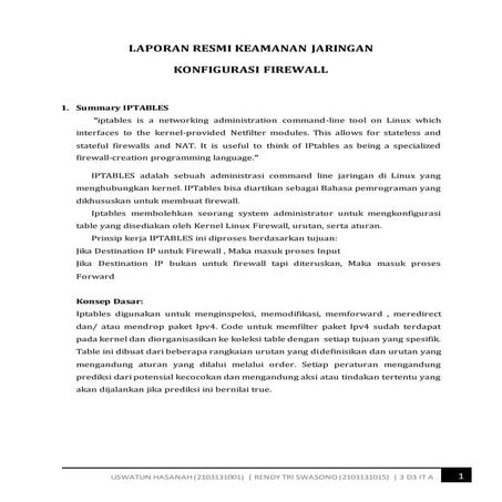 LAPORAN RESMI KEAMANAN JARINGAN KONFIGURASI FIREWALL | DOCX