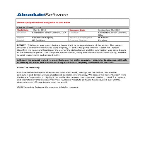 Laptop Theft Recovery Cases from Absolute Software – Case Number 7I7D8 | PDF