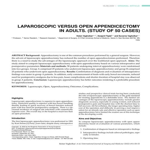 LAPAROSCOPIC VERSUS OPEN APPENDICECTOMY IN ADULTS. (STUDY OF 50 CASES ...