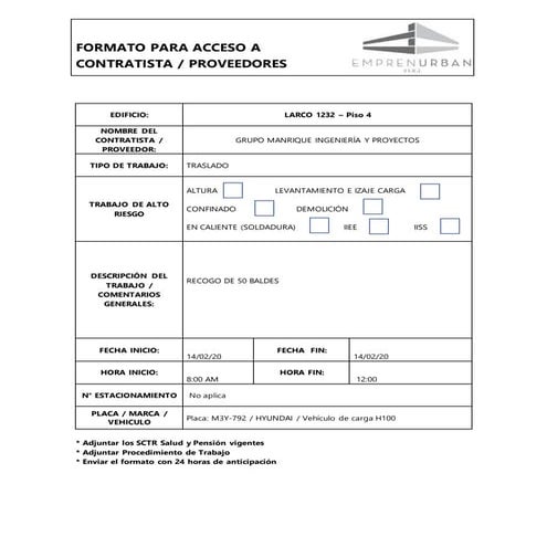 FORMATO PARA INGRESO DE CONTRATISTAS | DOCX