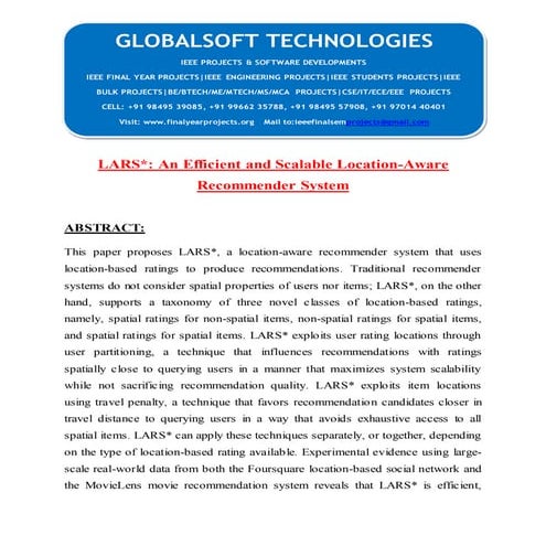 IEEE 2014 JAVA DATA MINING PROJECTS Lars an efficient and scalable location aware recommender ...