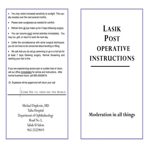 Lasik post operative instructions by dr. Michael Duplessie ...