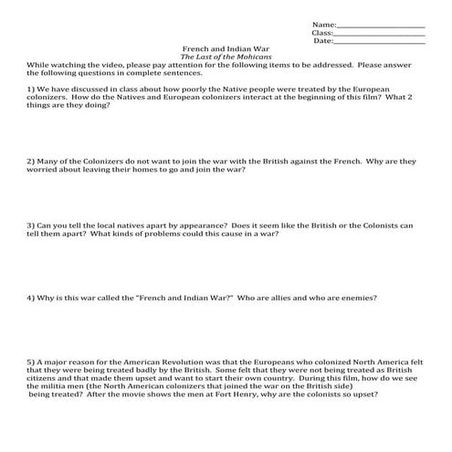 Last of the Mohicans video worksheet | DOCX