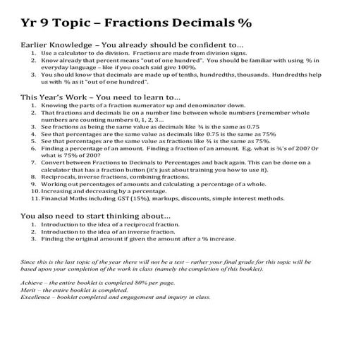 Last topic fractions decimals percentages 2015 waihi college year 9 | DOCX
