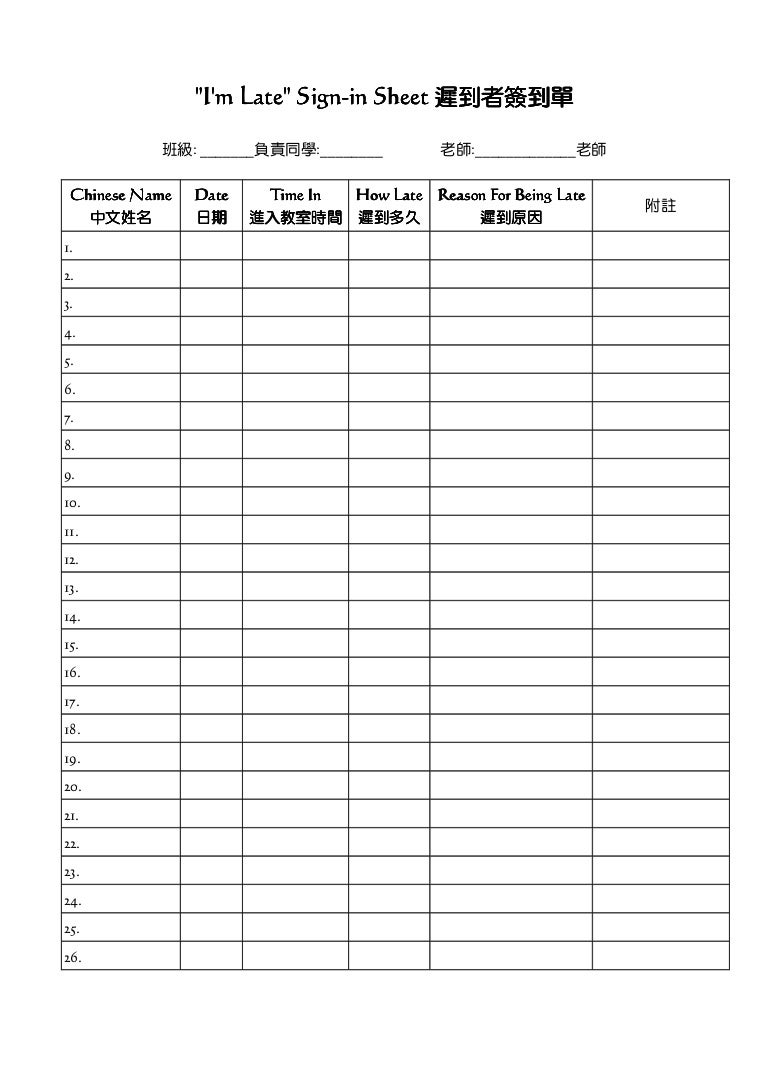 Late sign in sheet Late sign in sheet