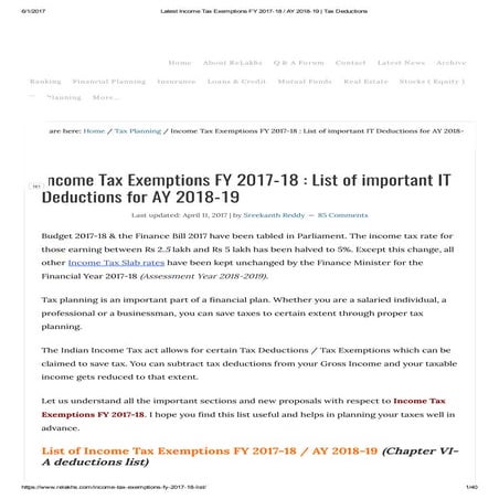 Latest income tax exemptions fy 2017 18 ay 2018-19 - tax deductions | PDF