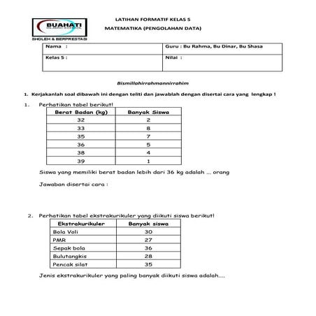 Latihan formatif mtk pengolahan data kelas 5 | PDF