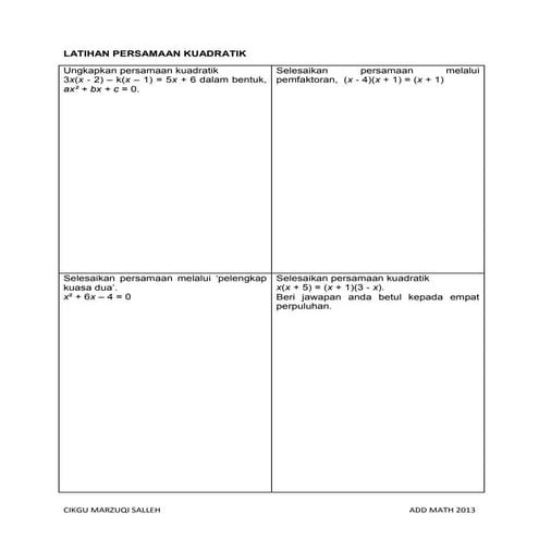 Matematik Tambahan: Persamaan kuadratik | PDF