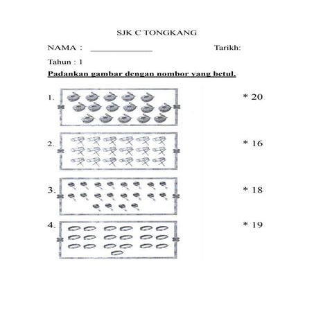 Latihan Matematik nombor hingga 20 | DOCX