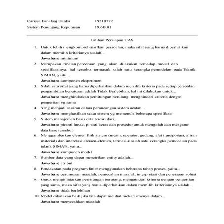 Latihan Persiapan UAS Matkul SPK_19210772 | PDF