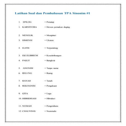 Latihan Soal dan Pembahasan TPA Sinonim #1 | DOCX