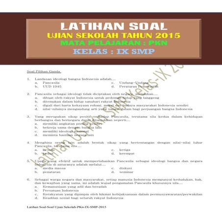 Latihan Soal Ujian Sekolah PKN SMP Kelas IX 2015 pkn smp | PDF