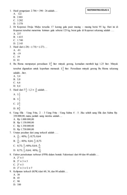 Latihan soal ujian nasional matematika sd | PDF