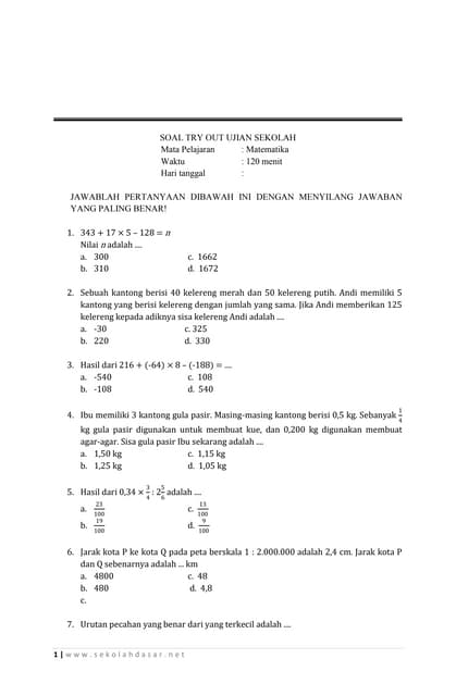 Latihan soal ujian nasional matematika sd | PDF