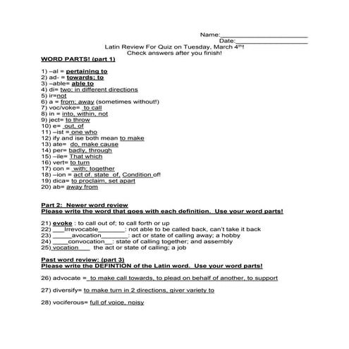 Latin 19 review answer key | PDF