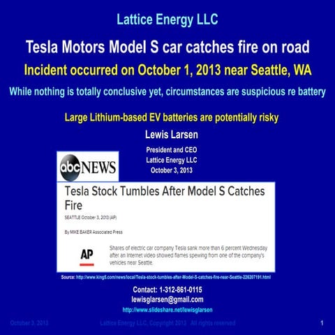 Lattice Energy LLC-On Oct 1 Tesla Model S Caught Fire on Highway-Has ...