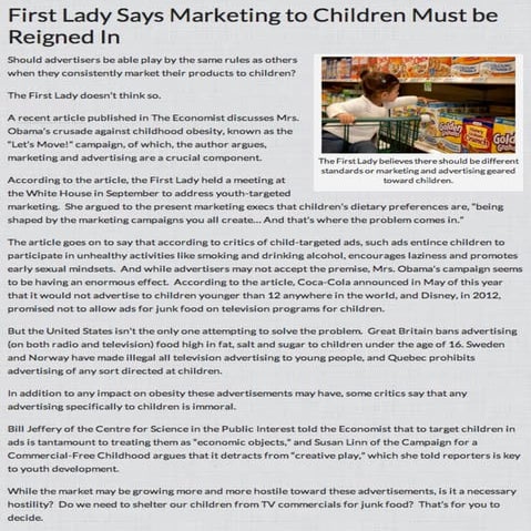 Laura Januzzi - First Lady on Marketing to Children | PDF