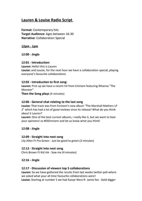 Example radio script | PDF | Music | Entertainment