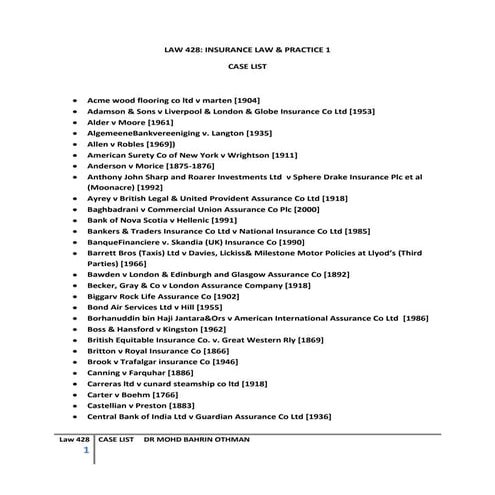 Insurance Law - Law 428 case list | DOCX