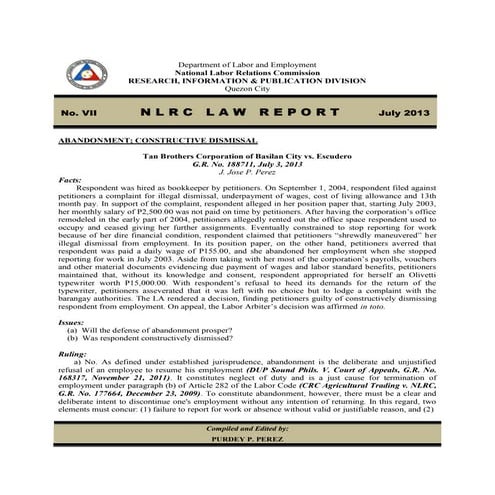 NLRC Law Report No. VII. July 2013. | PDF