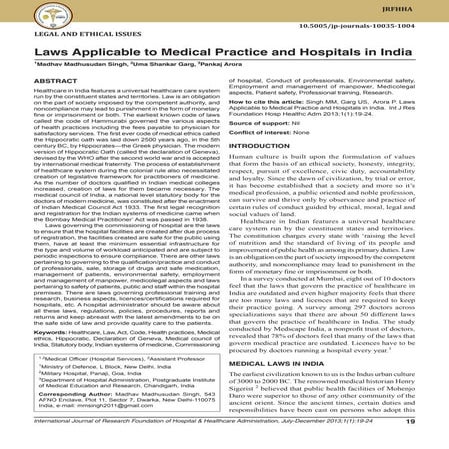 Laws applicable to medical practice and hospitals in india | PDF
