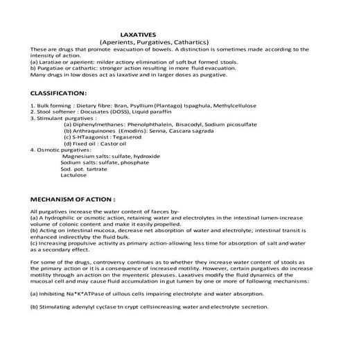 Laxatives, diarrhoea & anti amoebic drugs | DOCX | Digestive Disorders ...