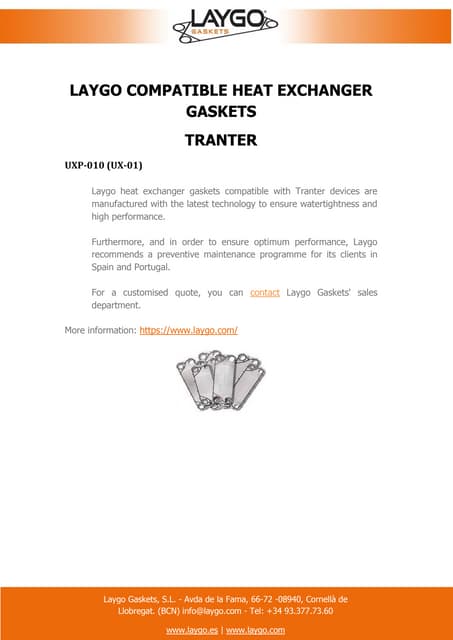 LAYGO COMPATIBLE HEAT EXCHANGER GASKETS TRANTER/SWEP | PDF