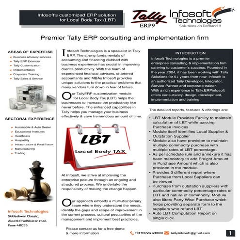 Infosoft's Local Body Tax (LBT) management in Tally ERP9 | PDF