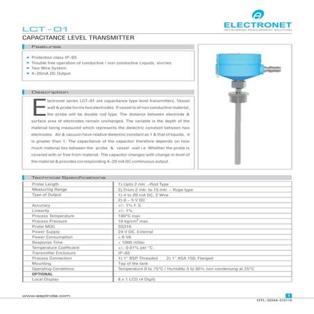 Capacitance Level Transmitter : LCT-01 | PDF