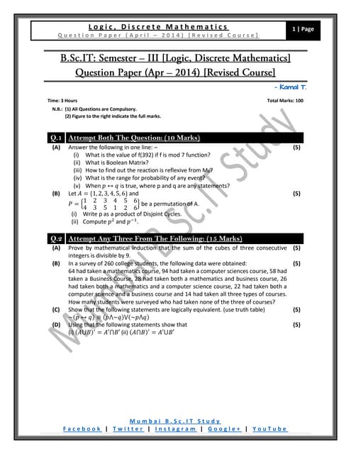 Question Paper Logic And Discrete Mathematics Revised Course April