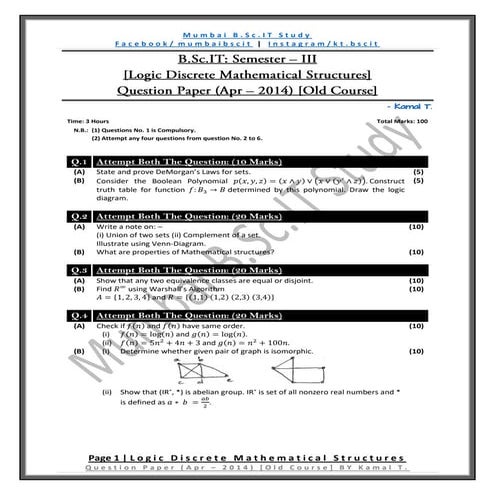 Question Paper Logic Discrete Mathematical Structures Old Course