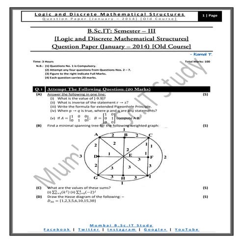 Question Paper Logic Discrete Mathematical Structures Old Course