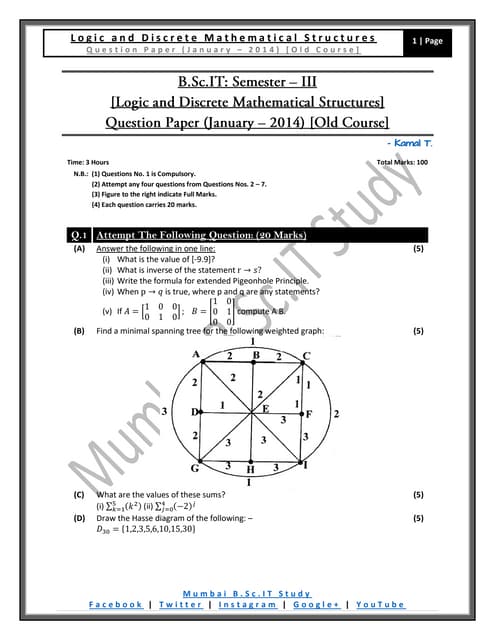 Question Paper Logic Discrete Mathematical Structures Old Course