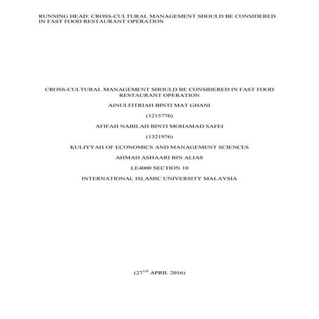 Cross Cultural Should Be Considered In Fast Food Restaurant Operation | PDF
