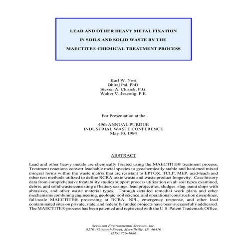 Lead and Heavy Metal Fixation in Soils and Solid Waste by the MAECTITE ...