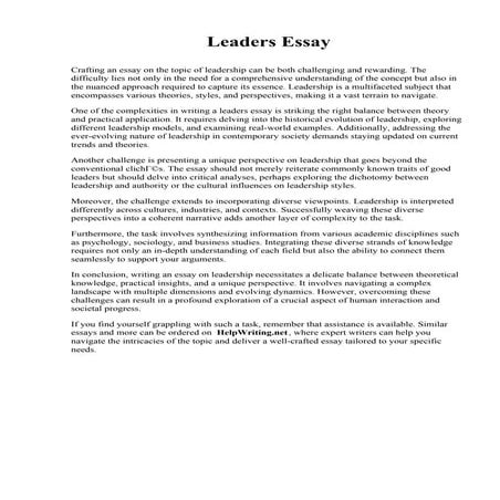 Leaders Essay. Blackstone Valley Regional Vocational Technical High ...