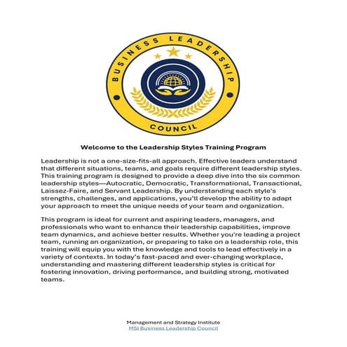 Leadership Styles Training Program from MSI Business Leadership Council ...
