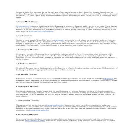 Leadership theories | DOCX | Business | Business and Finance