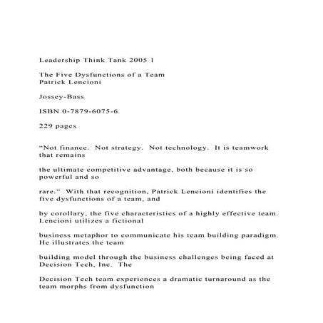 Leadership Think Tank 2005 1 The Five Dysfunctions of a Te.docx