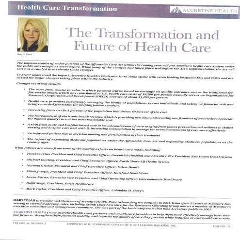 The Transformation and Future of Health Care | Mary Tolan | PDF