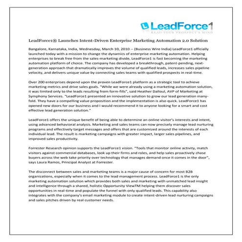 Press Release: Intent-Driven Enterprise Marketing Automation 2.0 Solution Launched | PDF